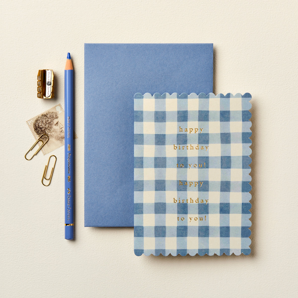 Mid Blue Gingham 'Happy Birthday' – Wanderlust Paper Co.
