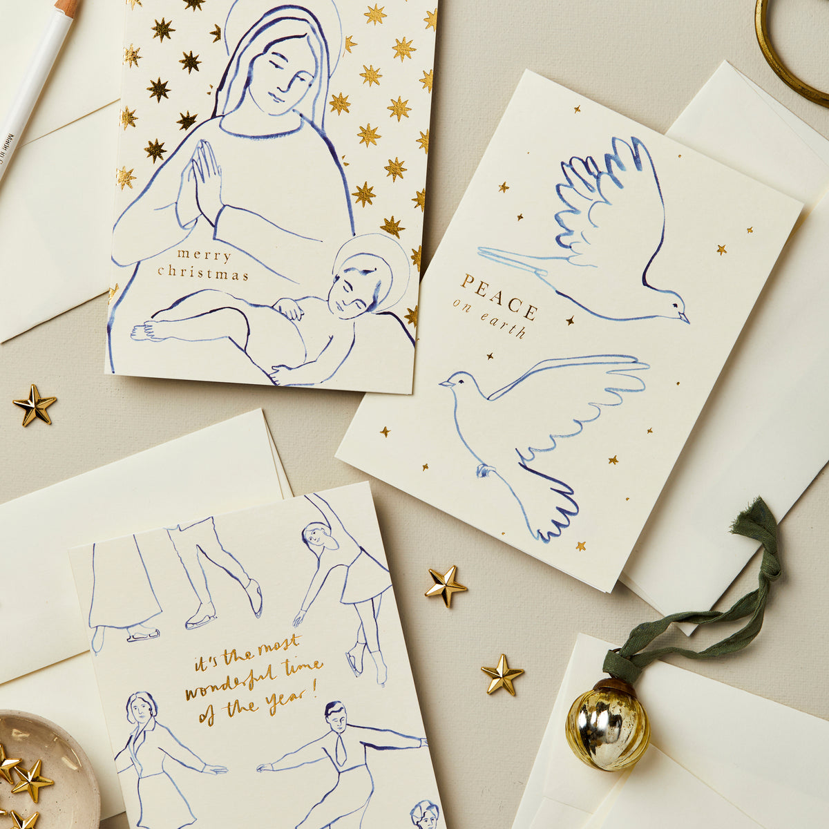 Set of Cream and Blue Christmas Cards – Wanderlust Paper Co.